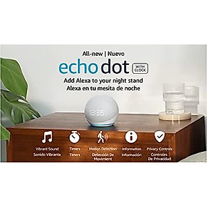 All-New Echo Dot (5th Gen, 2022 release) with clock | International Version with EU Power Adaptor | Smart speaker with clock and Alexa | Glacier White