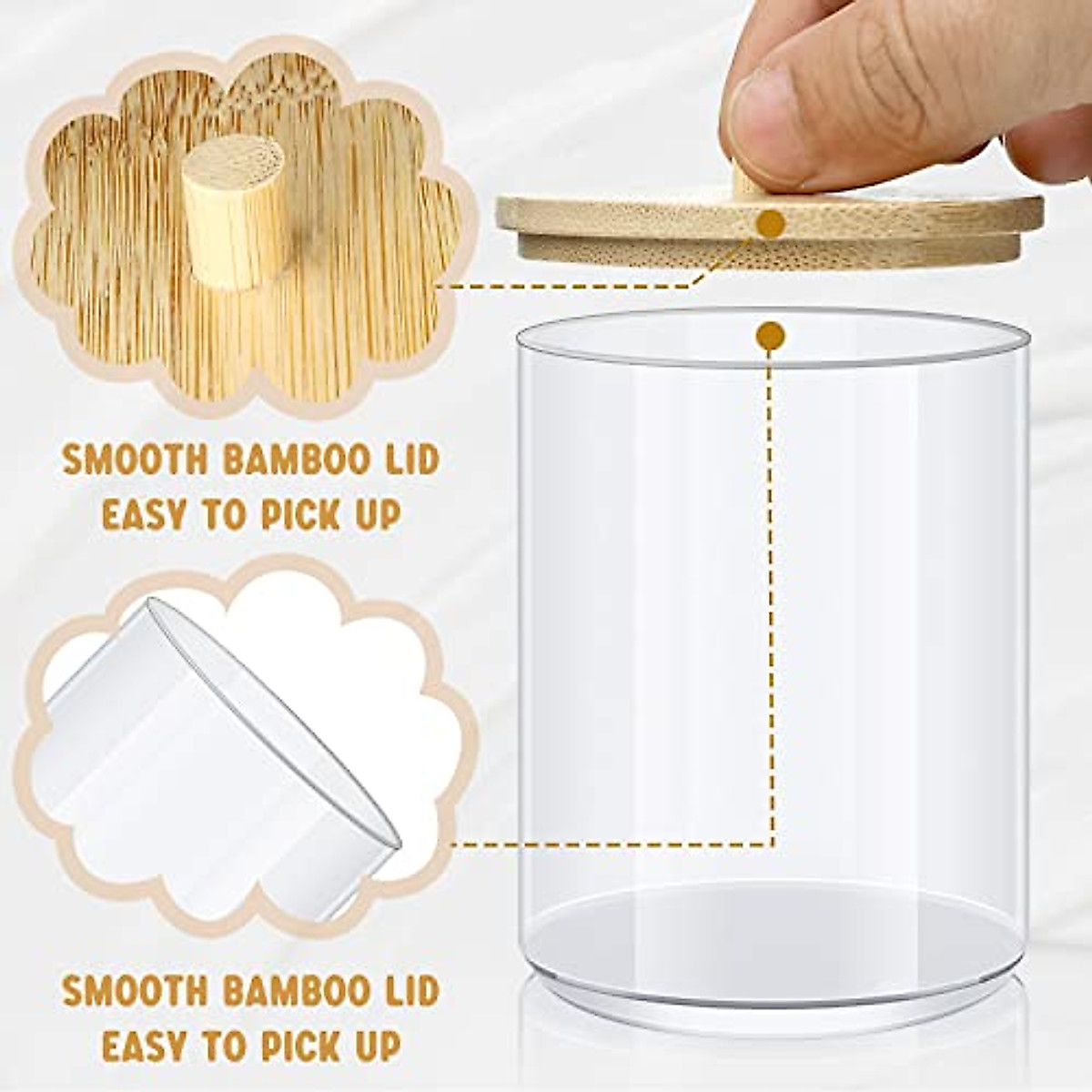 XEFINAL 4 Pack Acrylic Qtip Holder Dispenser with Bamboo Lid, Cotton Ball Pad Round Swab Holder for Cotton Pads Cotton Balls Hair Ties Rustic Bathroom Decor Accessories Storage Organization