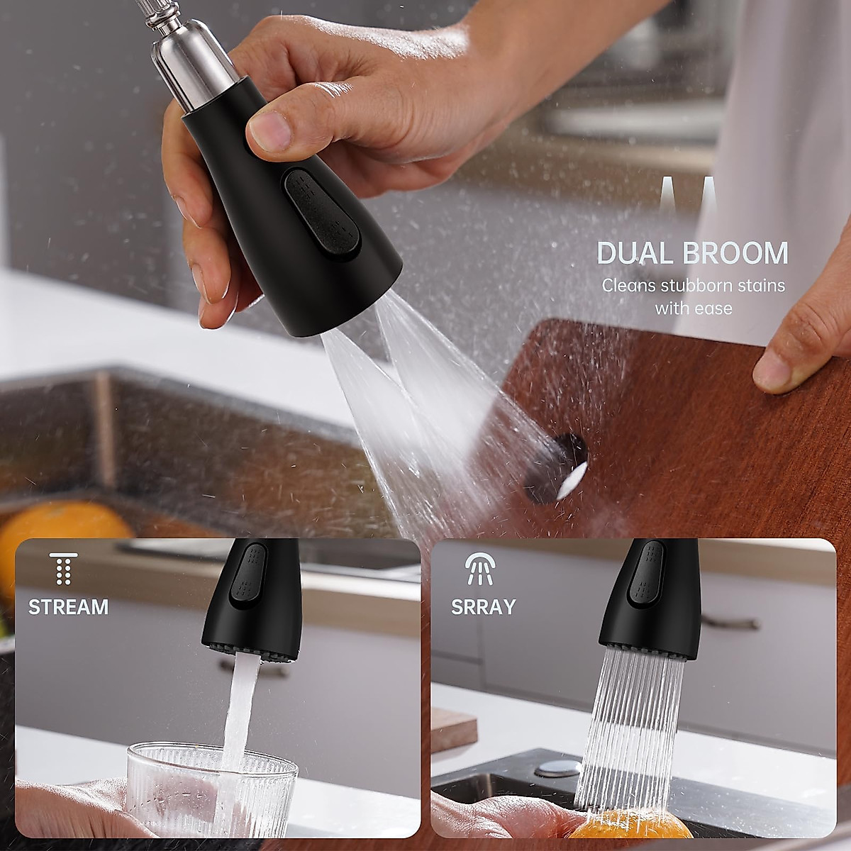 APPASO Black Kitchen Faucet with Pull Down Sprayer, 3-Mode Sprayer Kitchen Sink Faucet, 1 or 3-Hole Single Handle High Arc Stainless Steel Kitchen Faucet Black with Deck Plate, Matte Black