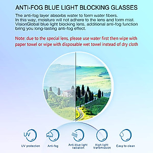 VisionGlobal Anti-Fog Blue Light Blocking Glasses for Women, Anti Eyestrain, Computer Reading, TV Glasses, Stylish Square Frame, Anti Glare (Pink, No Magnification)