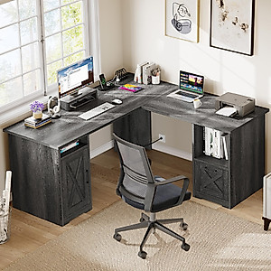 YITAHOME L Shaped Desk with Power Outlets, 60 Inch Computer Desk Corner Desk with File Drawer, Home office Desk with Monitor Stand & Storage Shelves, Large L-Shaped Office Desk with File Cabinet, Grey
