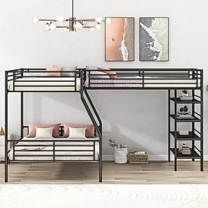 BIADNBZ L-Shaped Metal Twin Over Full Bunk Bed and Twin Size Loft Bed with Four Built-in Shelves,Full-Length Guardrails for Kids/Teens,Black
