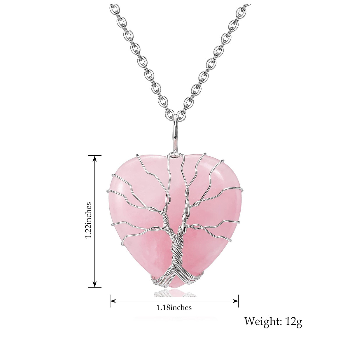 Top Plaza Natural Rose Quartz Healing Crystal Necklace Silver Life Tree Wire Wrapped Heart Shape Stone Pendant for Women Ladies Mothers Day Gifts