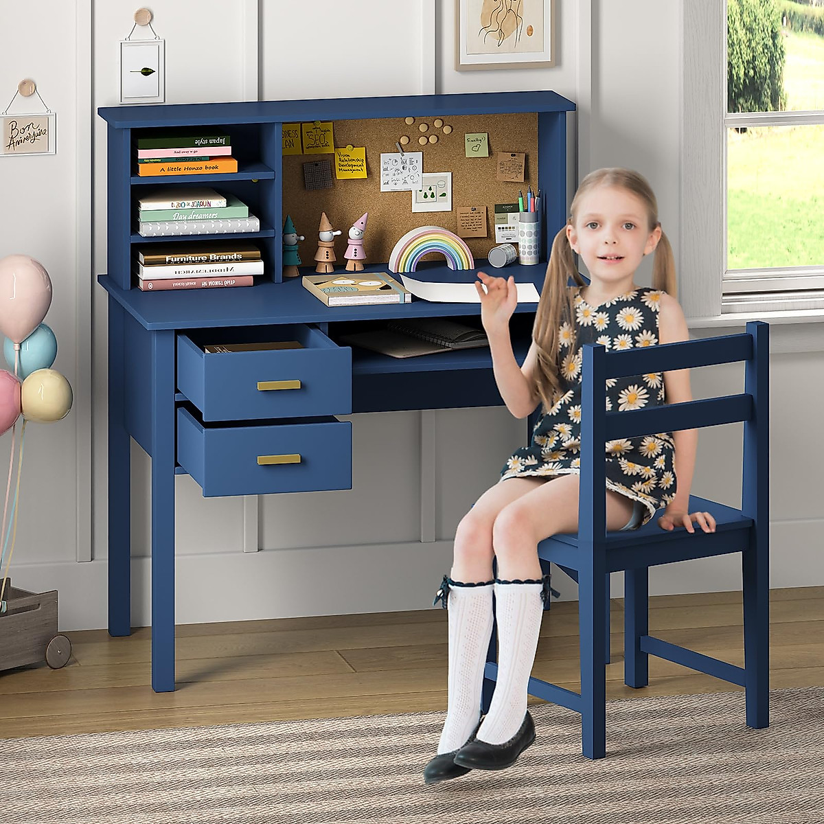 wanan Kids Desk and Chair Set, Wooden Children Study Table with Hutch/Drawer & Bulletin Board, Student Study Desks Computer Desk Art Desk for Bedroom Study Room (Blue)