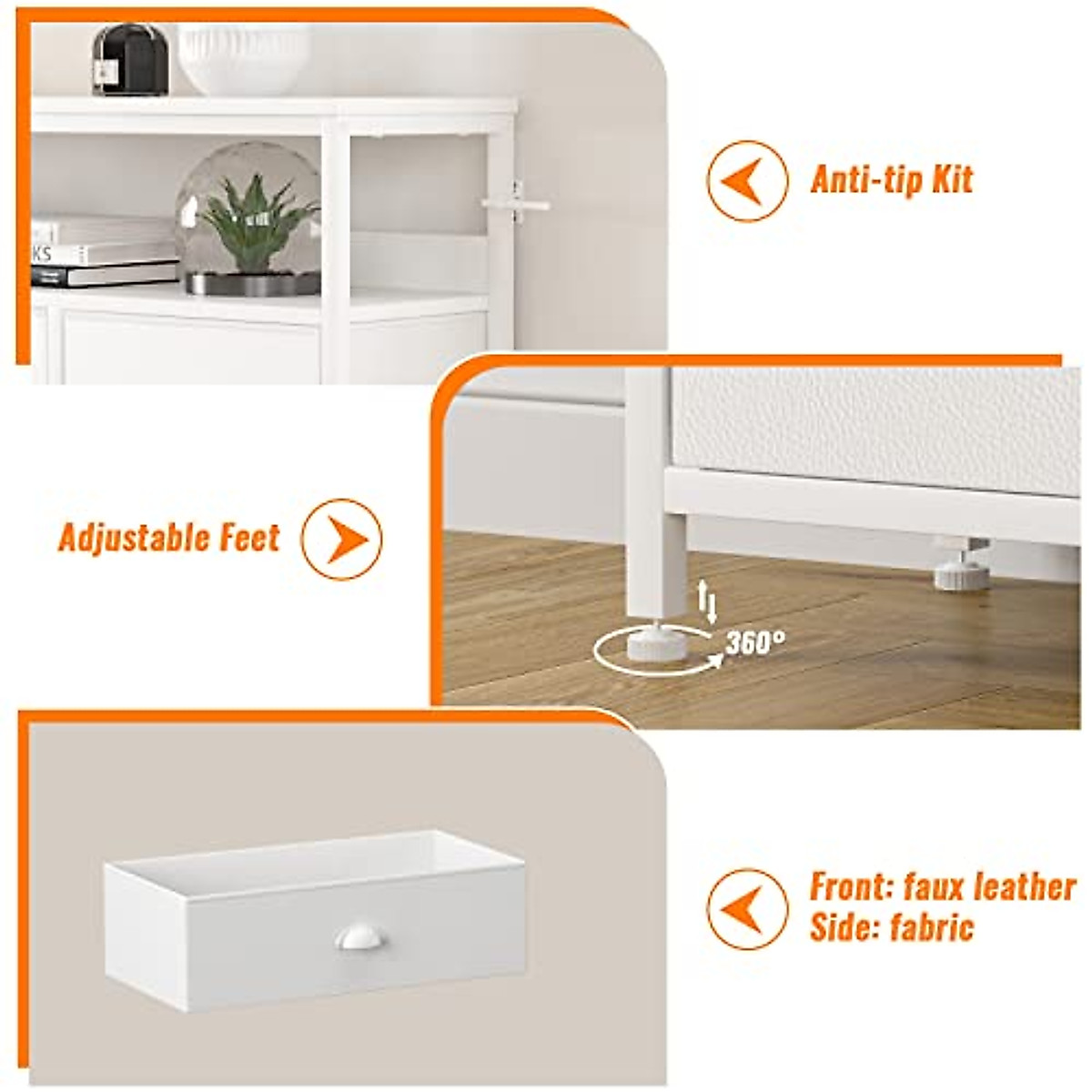 Furologee White TV Console Table, TV Stand with 7 Storage Drawer, Sofa Table with 2-Tier Shelves, Entertainment Center for 45" TV, Storage Fabric Drawer Unit for Bedroom, Living Room, Entryway