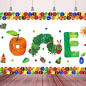 The Cute Hungry Caterpillar Birthday Banner Backdrop, one Year Old Cartoon Hungry Caterpillar Birthday Party Sign Supplies, Apple Sun Leaf Fruits ​Birthday Poster Background Photo Props Decoration