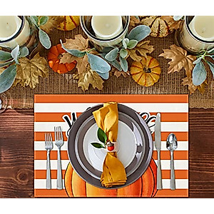 Fall Pumpkin Gnomes Placemats for Dining Table, 12 x 18 Inch Autumn Sunflower Bicycle Thanksgiving Seasonal Holiday Decoration Rustic Washable Table Mats Set of 4