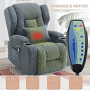 IPKIG Power Recliner Chair with Massage and Heat, Electric Wingback Recliner for Adults with Lumbar Pillow/USB Port/Side Pockets/Cup Holders/Linen Fabric, Home Theater Seating (Blue)