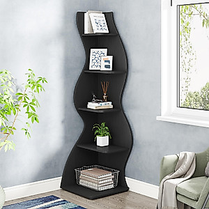 Tribesigns Corner Shelf, Modern 5-Tier Wall Corner Bookshelf, Stylish Corner Small Bookcase Storage Rack Plant Stand with Unique Shape for Living Room, Home Office, (1PC, Black)