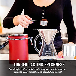 Bean Envy Coffee Canister - 22.5 oz Coffee Storage Container and Organizer w/Stainless Steel Scoop, Date Tracker & Co2-Release Valve - Essential Coffee Accessories, Red