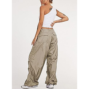 SySea Women's Wide Leg Parachute Pants Loose Drawstring Y2K Cargo Pants with Pockets Khaki