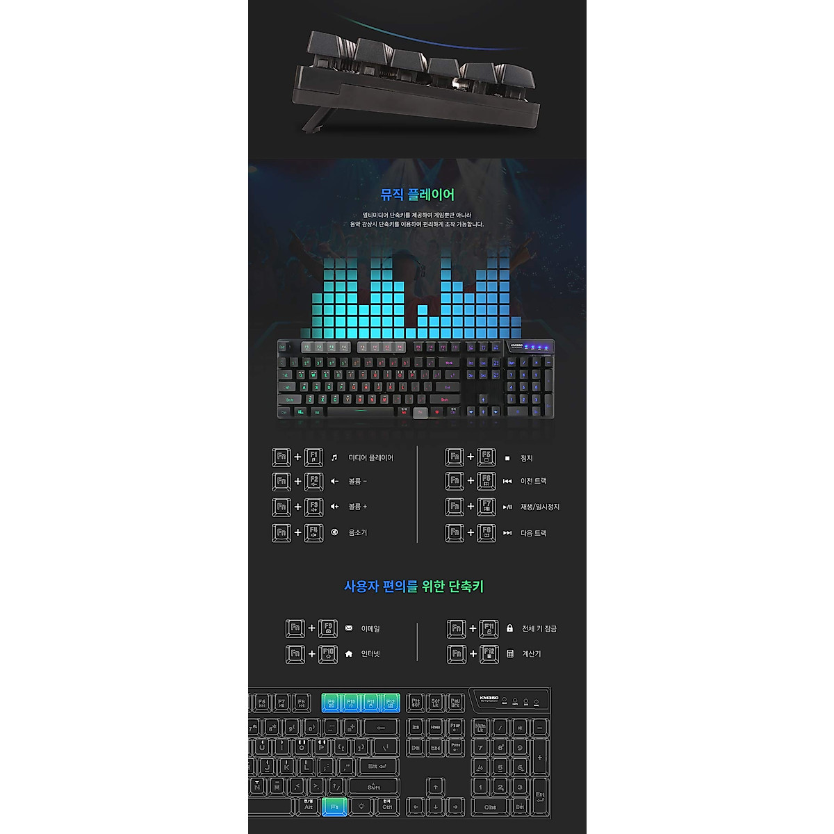 ABKO KM350 Desktop Keyboard & Mouse Gaming Combo Rainbow LED, 19 Key Anti-Ghosting, Max 3200 DPI English/Korean Type