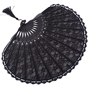 Womens Multi Color Handmade Cotton Lace Folding Hand Fan (Black-A) (Black-a)
