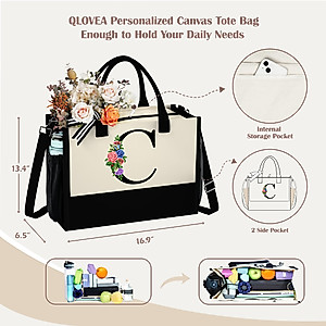 QLOVEA Tote Bag for Women, Initial Beach Bag w Shoulder Strap, 2 Side Pocket and Inner Pocket, Unique Present Bag, Birthday Gift for Mom, Grandma, Aunt, Wife, Coworker, Sister-in-Law Letter J