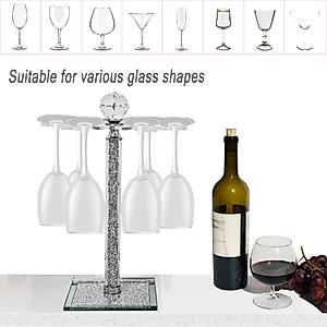 HMRCYTE Crystal Wine Glass Holder, 14" H Silver Wine Glass Rack, Crushed Diamond Home Decor, 6 Hook Freestanding Countertop Stemware Rack, Cup Drying Storage Holder for Kitchen Dinning Table Bar