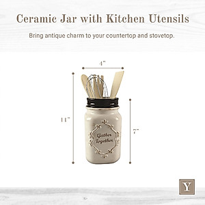 Young's Inc. Ceramic Jar with Kitchen Utensils - 4'' L X 4'' W X 11'' H - Rustic Decor - Kitchen Accessories for Countertop