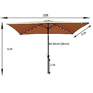 i-POOK 10 x 6.5 FT Rectangular Patio Umbrellas with 26 Solar LED Light, Market Table Waterproof Umbrellas Sunshade with Crank and Push Button Tilt Patio Hanging Umbrella for Garden Deck Pool, Brown