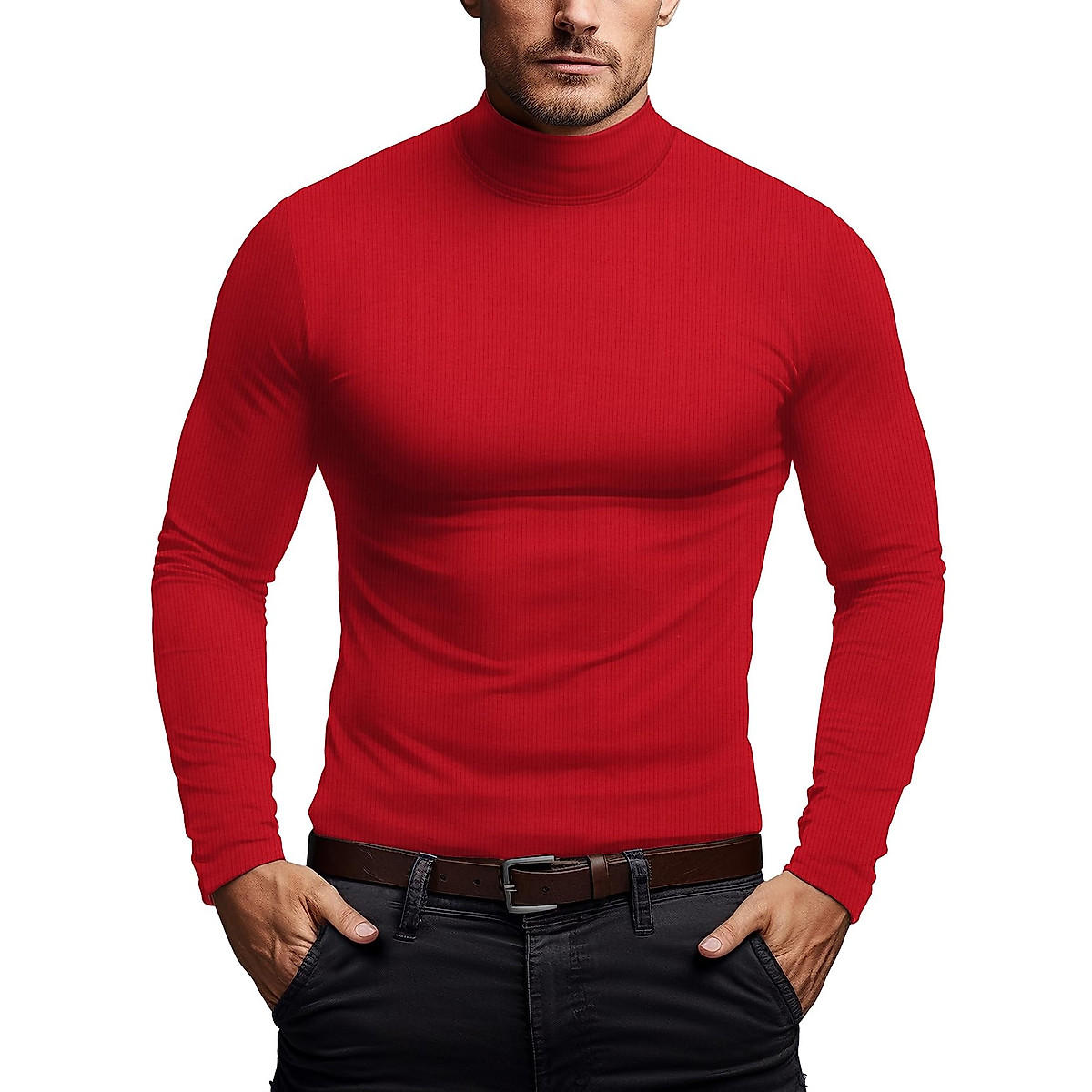 Mock Turtleneck for Men Thermal(Red,XL)