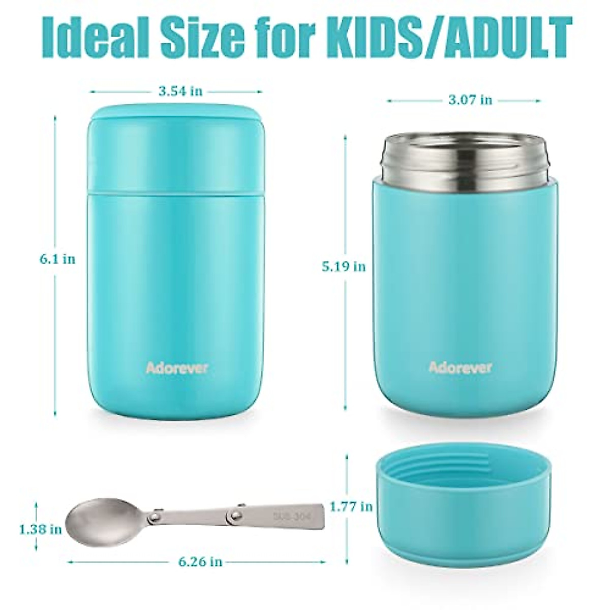 Adorever 17oz/ 25oz Thermos for Hot Food with Spoon, Leakproof Lunch Thermos for Kids Adults, Soup Thermos Vacuum Insulated Food Jars, Blue
