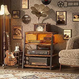 AV Media Stand with Outlets, Media Console with LED Lights, Stereo Racks and Stands with Storage Shelves, Media Audio Tower Cabinet, Rustic Brown