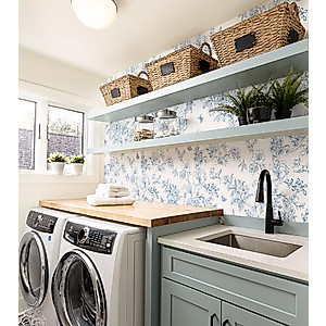 Froluya Vintage Floral Wallpaper Peel and Stick Wallpaper 118"x17.7" Removable Boho Peel and Stick Wallpaper Self Adhesive Wall Paper for Bedroom Cabinets Shelf Liner Vinyl Roll,Cream White and Blue