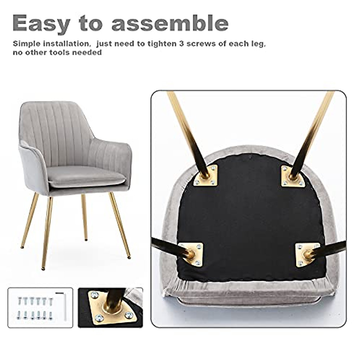 Five stars Furniture Velvet Dining Chair，Accent Chair, Modern Leisure Armchair Living Room Chair，Home Desk Chair，Golden Metal Legs (Light Gray) Set of 2