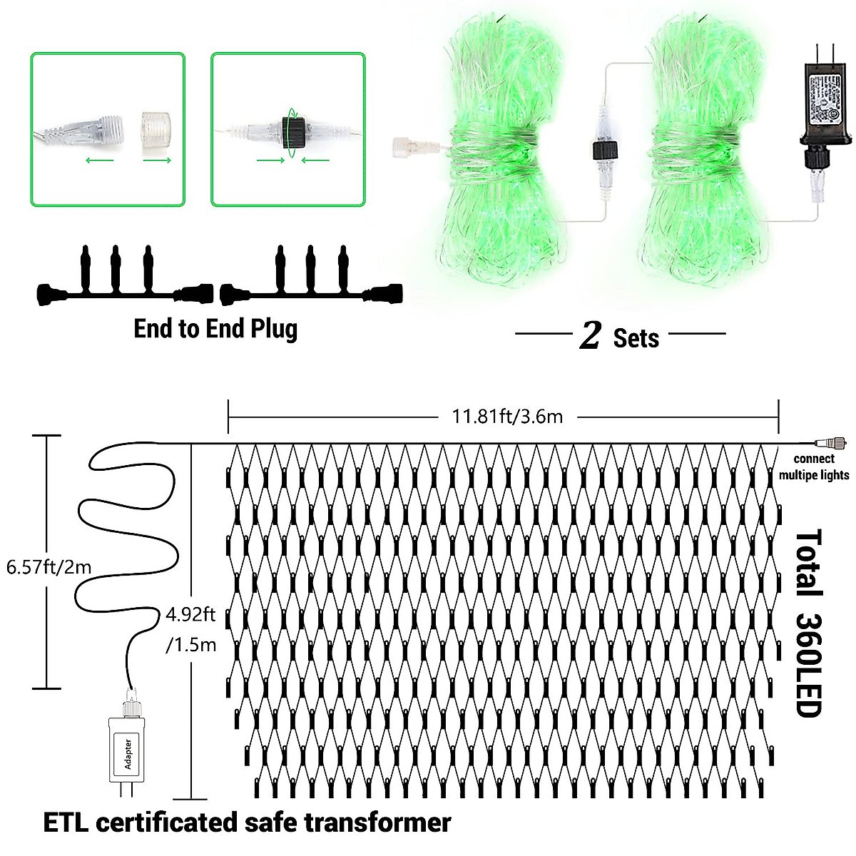 BrizLabs Green Net Lights Outdoor, 11.8ftx 4.9ft 360 LED Christmas Mesh Lights with Remote, 8 Modes Bush Net Sting Lights, Connectable Plugin Halloween Net Lights for Xmas St Patrick’s Day Tree Garden