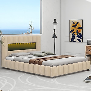 FEELHOME Queen Size Lift Up Storage Bed/Button Tufted Wingback Headboard/Hydraulic Storage/Upholstered Platform Bed Frame/No Box Spring Needed/Wood Slats Support/Light，Beige