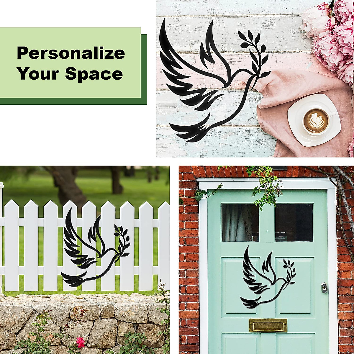 Vivegate Dove of Peace Olive Branch Metal Wall Art – Olive Branches Peace Black Outline White Dove Metal Wall Decor (Large - 15"X13", Dove)