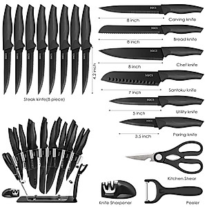 Rainbow Knife Set 18 Pcs Kitchen Knives Set Sharp Stainless Steel Knife Sets Contain 8 Steak Knives Sharpener Peeler Clear Acrylic Stand Beautiful Knife Best Gift (Black 18PCS Set)