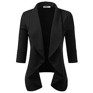 DOUBLJU Womens Lightweight Thin 3/4 Sleeve Open Front Blazer Jacket with Plus Size Black
