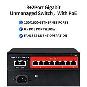 8 Port Gigabit PoE Switch with 2 Gigabit Uplink,802.3af/at Compliant,120W Built-in Power,Unmanaged Metal Plug and Play