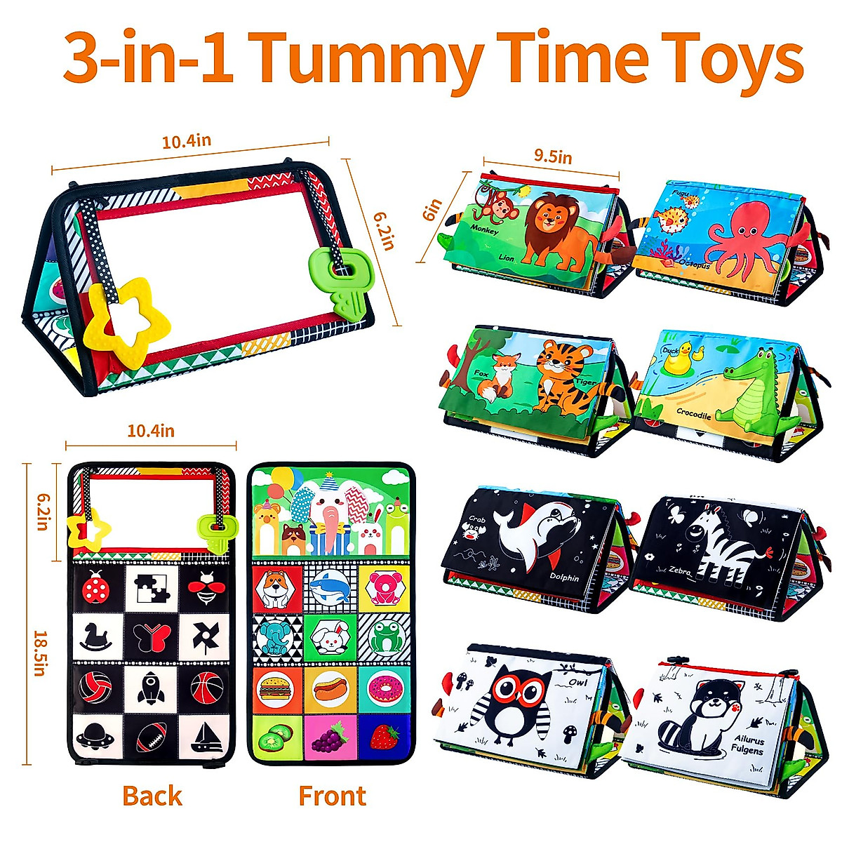 Tummy Time Mirror Toys for Baby 0-6 6-12 Months High Contrast Infant Toys with Crinkle Cloth Book and Teethers Black and White Montessori Sensory Toys for Newborn Boys Girls