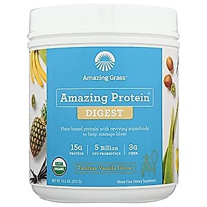 Amazing Grass DIGEST Vegan Protein Powder, Plant Based with Probiotics + Fiber to Manage Bloat, Tahitian Vanilla, 15 Servings