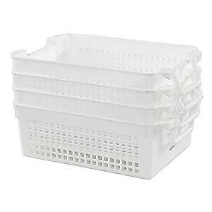 Saedy 4 Packs Plastic Baskets with Handle, Stackable Basket Organizer Bin, White