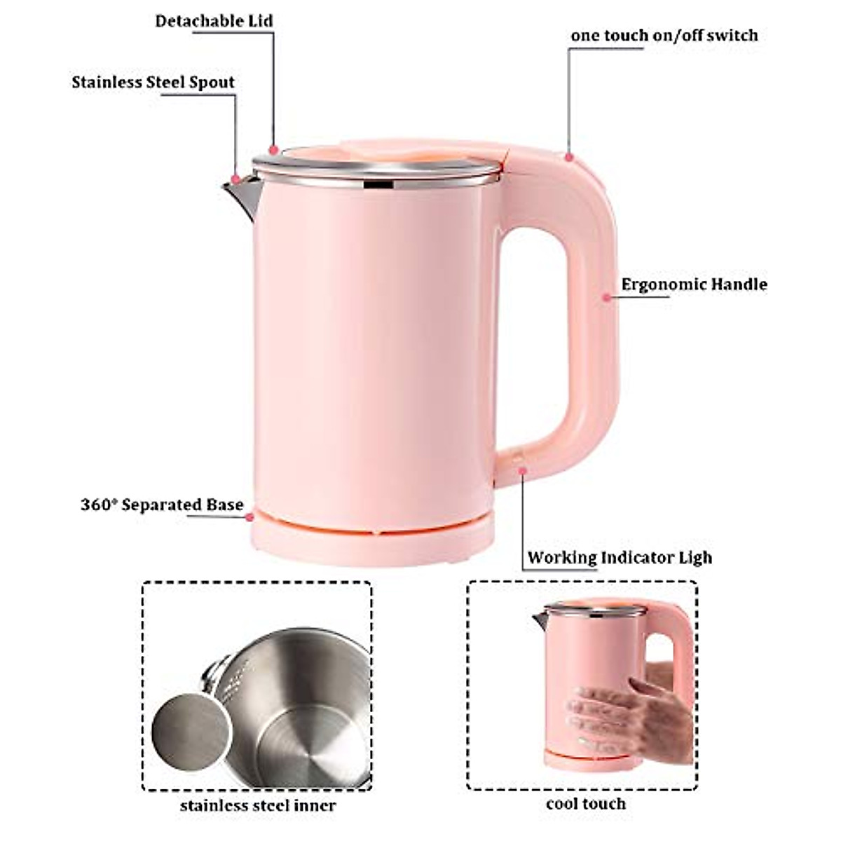 Eglaf 0.5L Small Electric Kettle - Portable Mini Stainless Steel Travel Kettle - Water Touch Inner Surface without Plastic & Cool Touch Outer Surface (Pink)