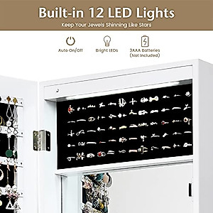COSTWAY 12 LEDs Jewelry Cabinet, Wall/Door Mounted Jewelry Organizer Cabinet with 53.5” Full Length Mirror & Large Storage Capacity, Lockable Mirror Jewelry Armoire for Women Girls (White)