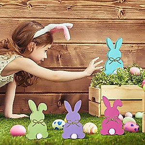 4 Pieces Easter Table Decorations Bunny Wooden Sign Spring Rabbit Wood Tabletop Block Freestanding Easter Tiered Tray Decor with Rope and Fluffy Tail Easter Decorations for Home Table Room Decor