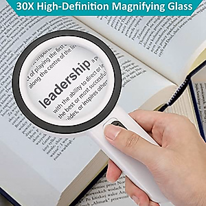 30X Magnifying Glass with Light and Case - Reading Magnifying Glass Handheld Large Glass Lens Magnifier Ideal for Seniors, Inspection, Coins, Stamps, Jewelry, Macular Degeneration