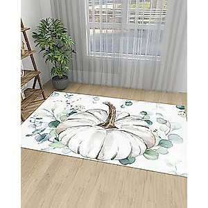 Green Eucalyptus Area Rug 5'x8',Outdoor Indoor Extra Large Carpet Runner for Girls Boys Bedroom,Living Room,Bathroom,Classroom,Office,Kitchen,Washable Area+Rug Autumn Thanksgiving Fall White Pumpkins