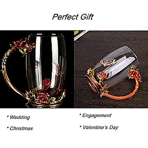 Flower Tea Cups, Unique Coffee Mugs, Butterfly Glass Mug with Spoon Set, Handmade Rose Butterflies Gifts - Best Valentine's Day Mother's Day Gift (13oz, Red)