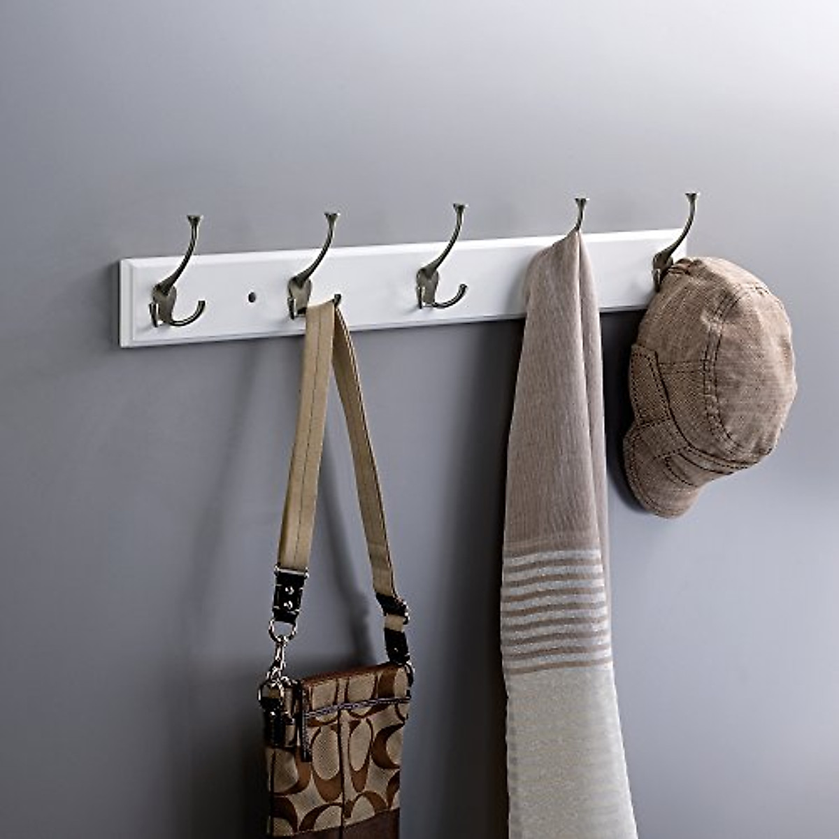 Franklin Brass Light Duty Hook Rail Wall Hooks 5 Flared Tri-Hooks, 27 Inches, White and Satin Nickel, FBLDFT5-WSE-R