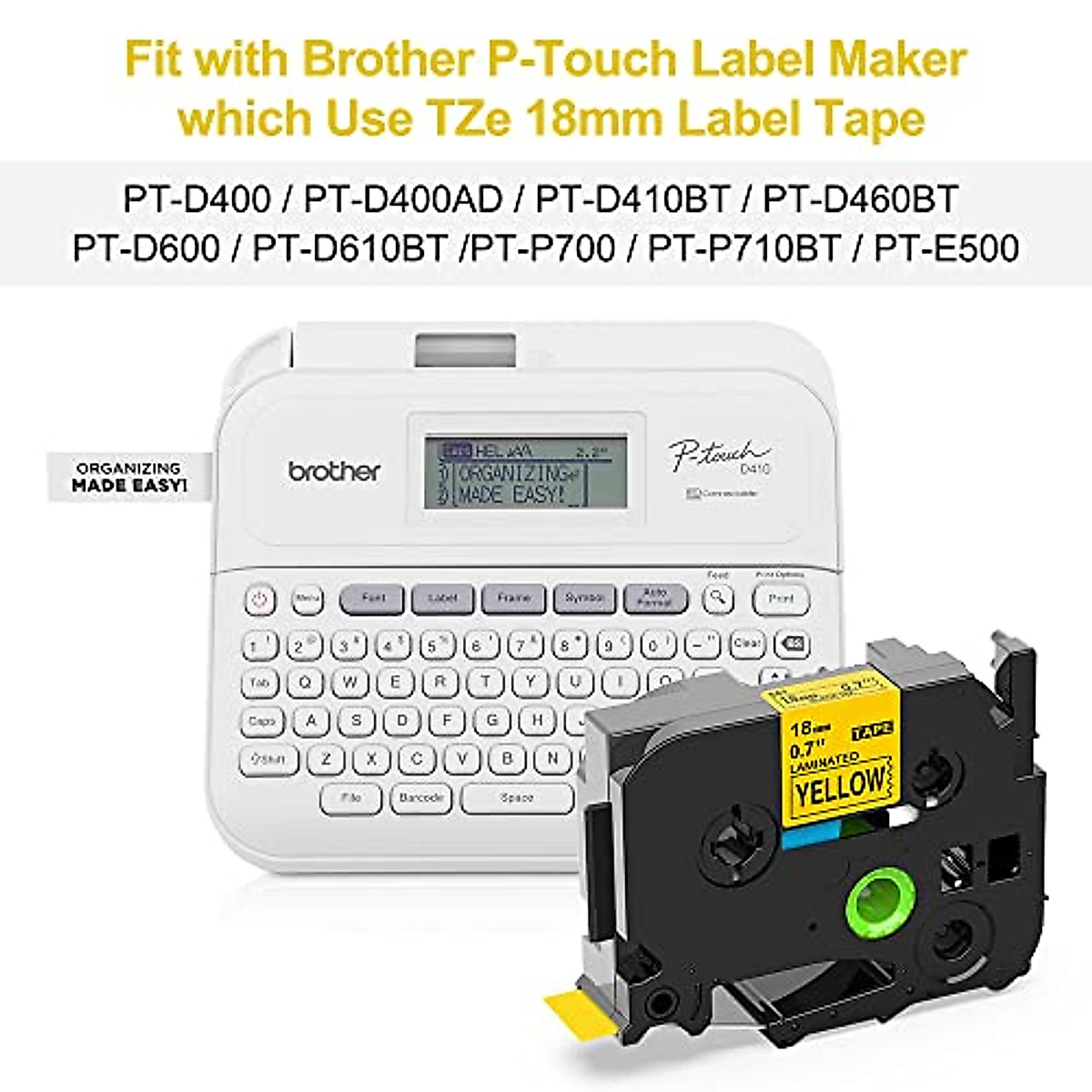 Greateam P Touch Yellow Tape 18mm Replacement for Brother TZe-641 TZe TZ Tape 18mm 0.7Inch Yellow Laminated Label Tape for Brother P-Touch Label Maker PT-D400 PT-D600 PTP700 PT2730 PTE500, 4-PK