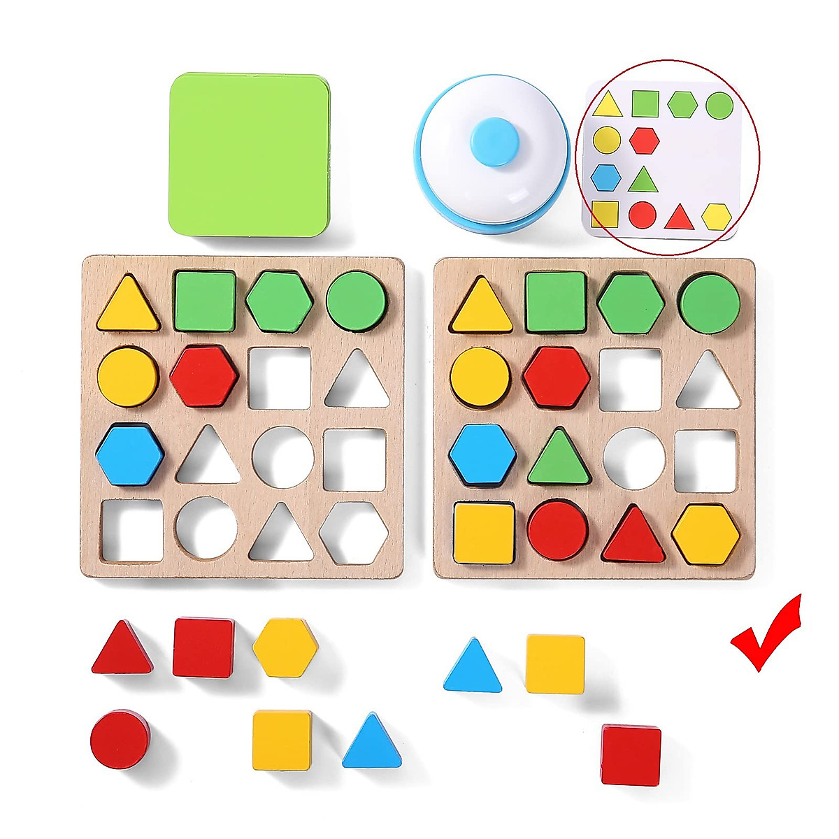 Wooden Puzzles Shape Color Matching Board Games Preschool Educational Montessori Toys for Kids 3 4 5 6 Years Old Boys Girls Brain Teaser Puzzle Logic Game with Bell Cards