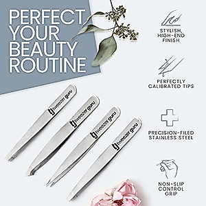 Tweezer Guru Eyebrow Tweezer Set for Women & Men - Professional Slant and Pointed Tweezers Set with Case - Precision Tweezers Kit for Facial Hair, Splinter and Ingrown Hair Removal (4 PC-W)
