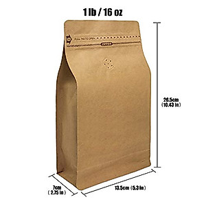 Natural Kraft Coffee Pouches, Resealable Coffee Bag with valve, Flat Bottom Pull Tab Zipper (100pcs / 16oz, 1lb, 454gram)