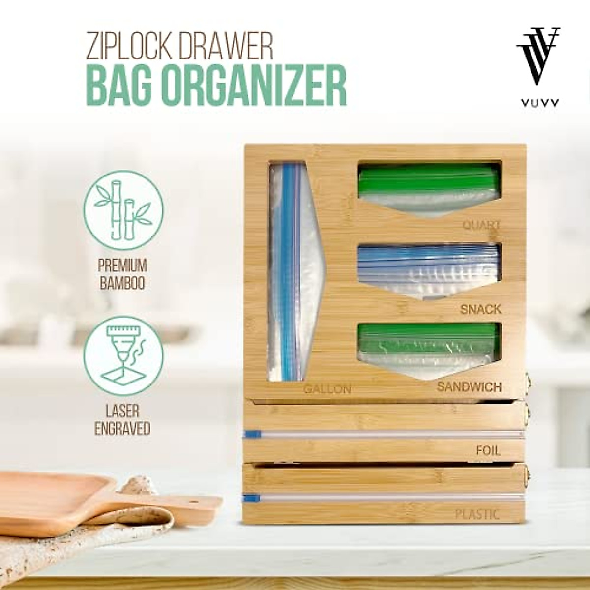 Ziplock Bag Organizer, Plastic Baggie Organizer for Pantry or Cabinet With Saran Wrap and Aluminum Foil Holder and Cutter. Gallon, Quart, Sandwich, and Snack Ziplock Bag Storage for Kitchen Drawer