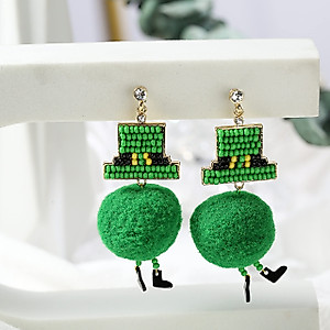 LILIE&WHITE St. Patrick's Earrings For Women Green Dancing Leprechaun Dangle Earrings Gift for Girls Jewelry Gift Irish Shamrock Drop Earrings Bead and Pom Pom Irish St. Patrick's day Jewelry
