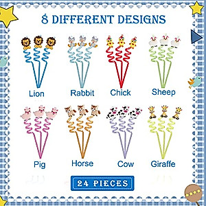 BravOne 24 PCS Farm Animal Plastic Straws, Reusable Colorful Drinking Straws with Chicken Rabbit Sheep Horse Cow Pig Lion Giraffe Pattern for Birthday Party Supplies 2 Cleaning Brushes (Farm Animal)