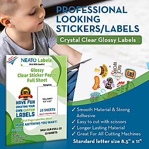 Clear Transparent Sticker Paper 25 Sheets - Glossy Full Sheet Vinyl Labels for Inkjet Printers (8.5” x 11”) - Tear-Resistant, Strong Adhesive, Weather Resistant - DIY & Craft Projects Labels